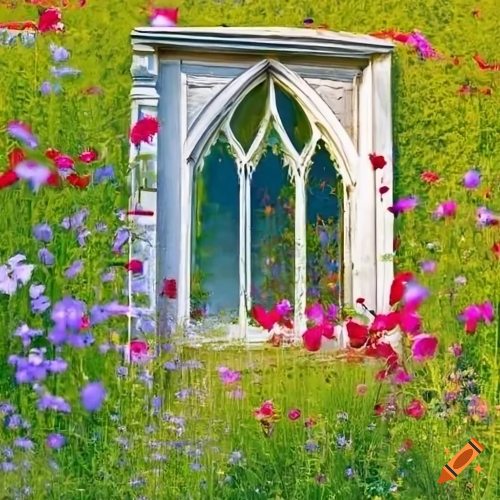 Gothic window overlooking a vibrant flower meadow on Craiyon