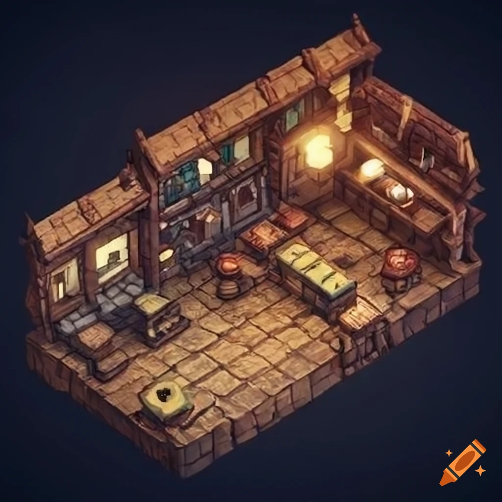 Detailed isometric map of a medieval village in a fantasy world on Craiyon