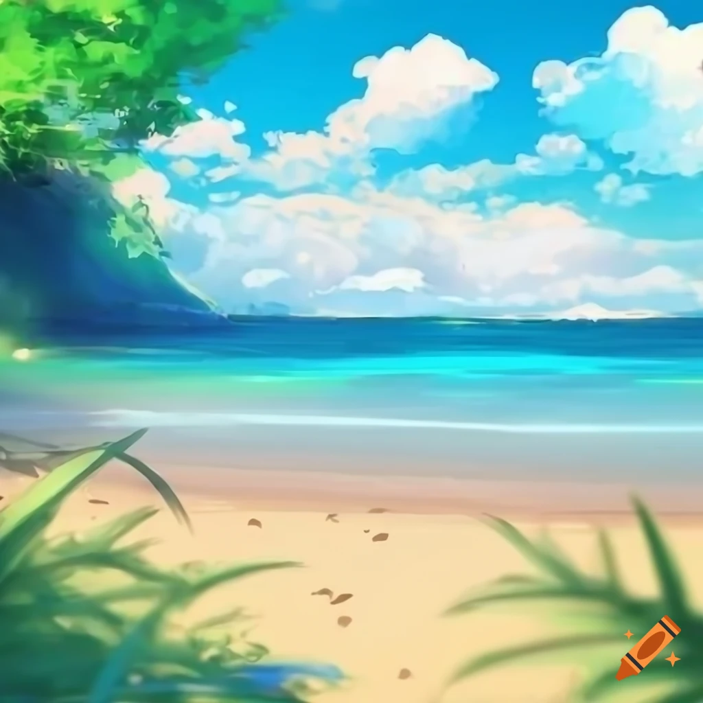 Beach scene with an anime aesthetic in a realistic style on Craiyon