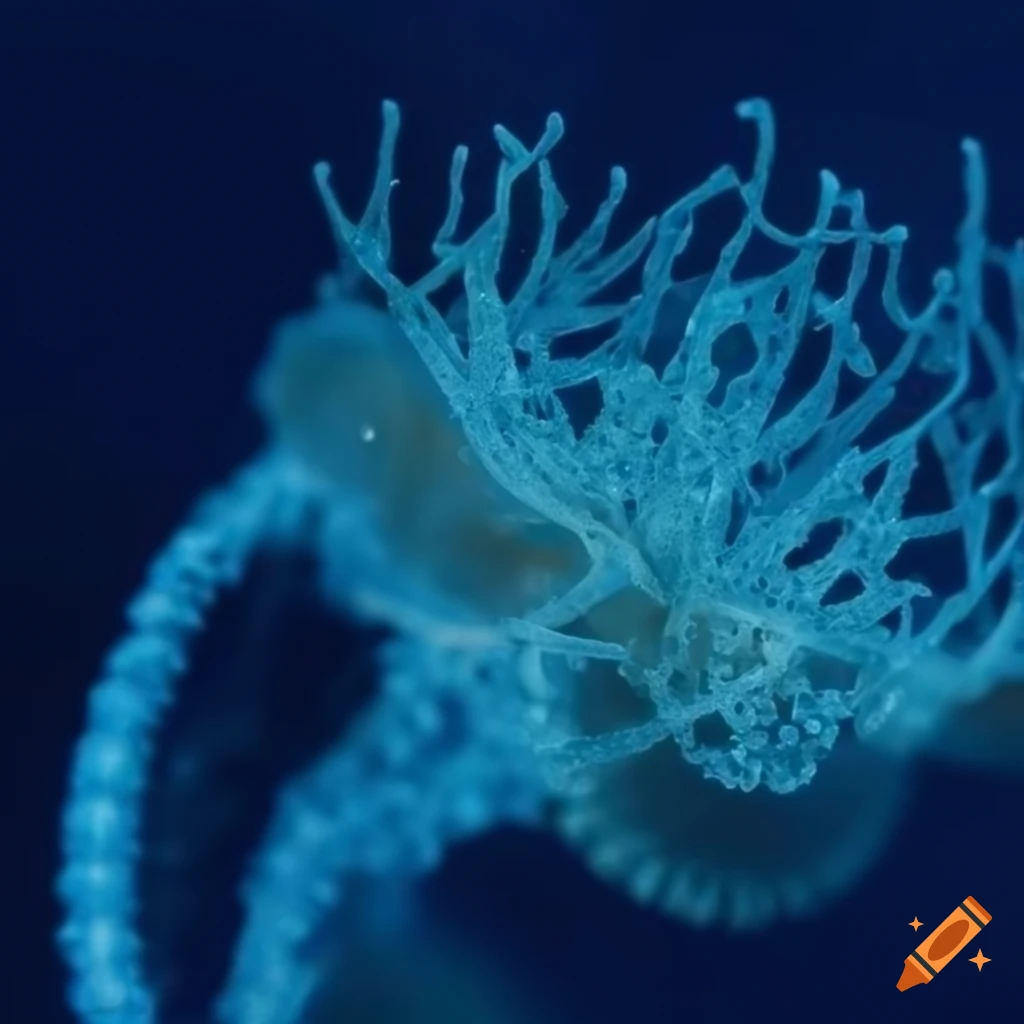 Translucent flower sea creature in deep blue sea