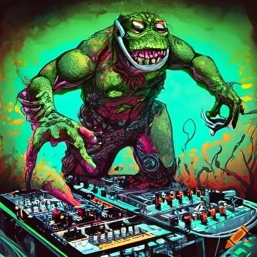 Lizard dj with headphones in simon bisley style on Craiyon