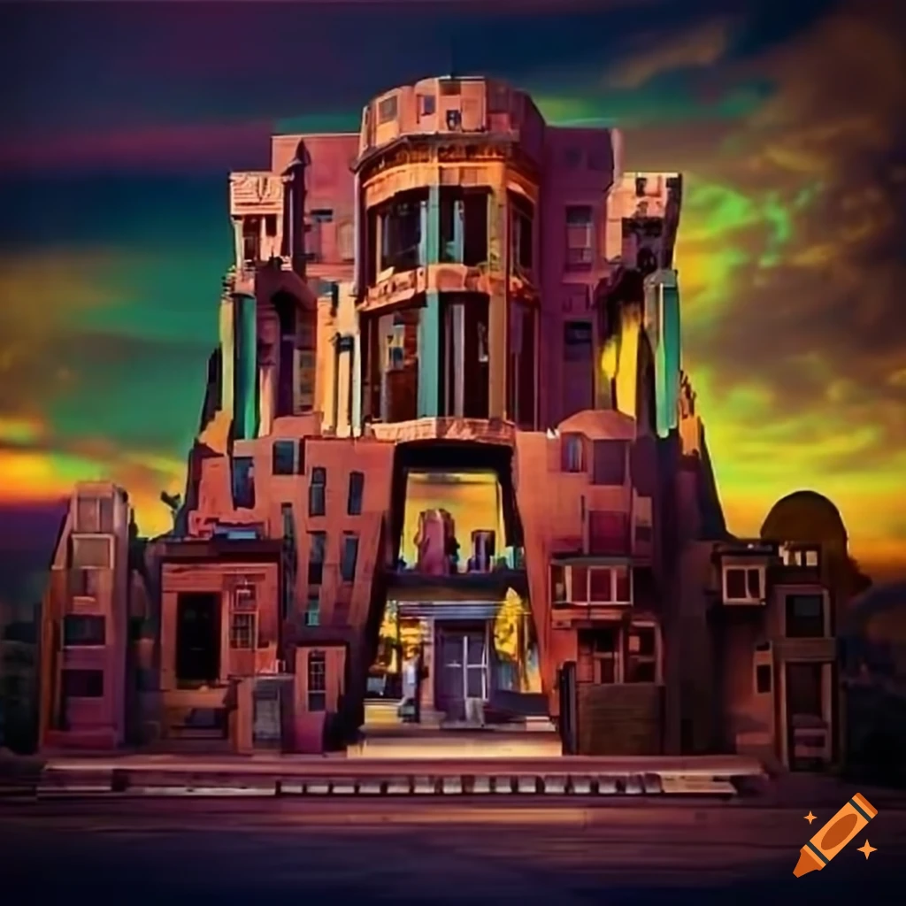 Psychedelic dystopian city with charles moore-inspired architecture on ...