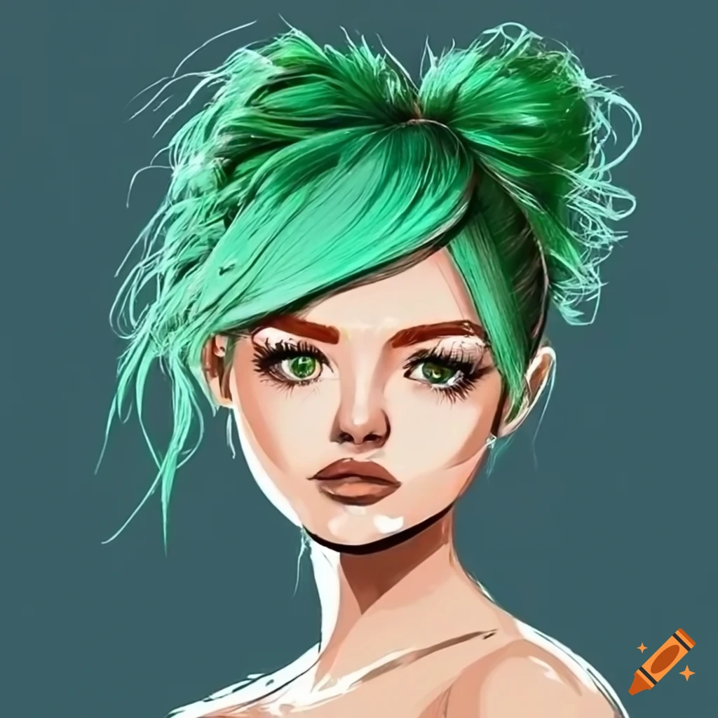 Hairstyle with green hair in a bun