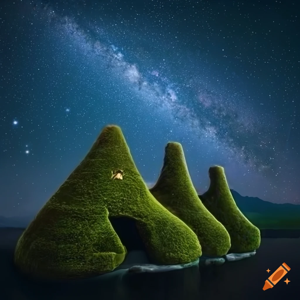 Moss-covered stone buildings with milky way and planets