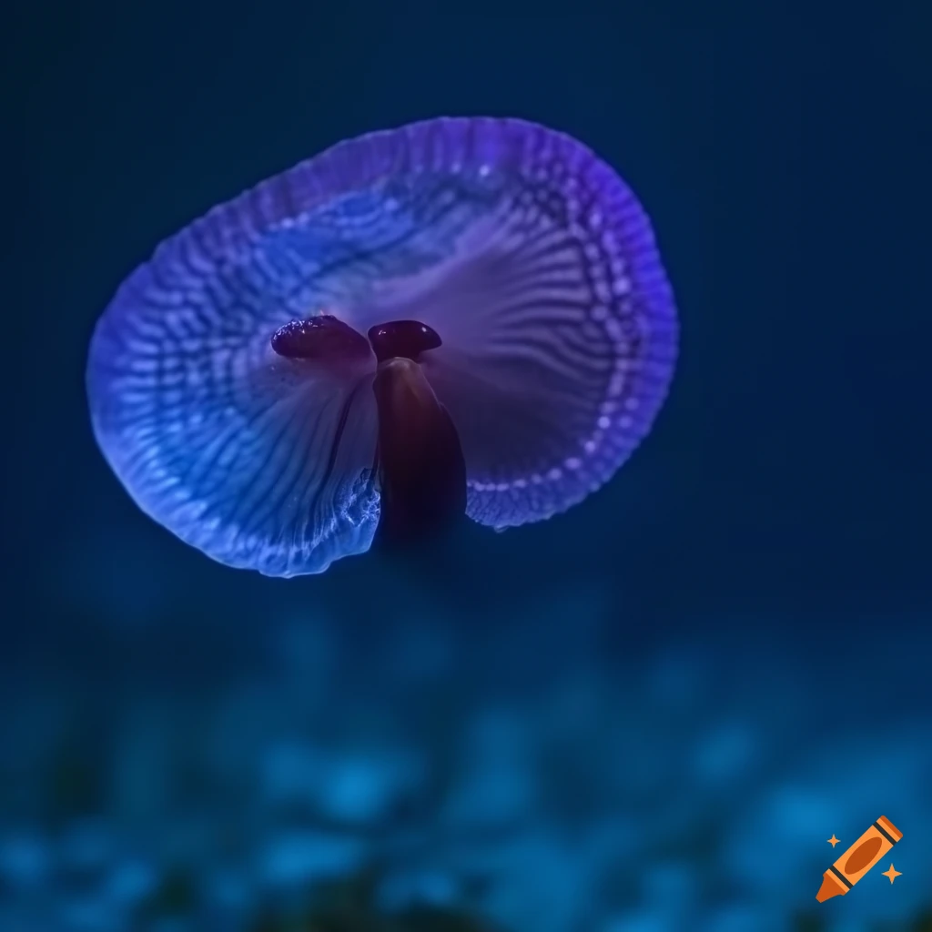 Iridescent sea creature in a dark blue underwater scene on Craiyon