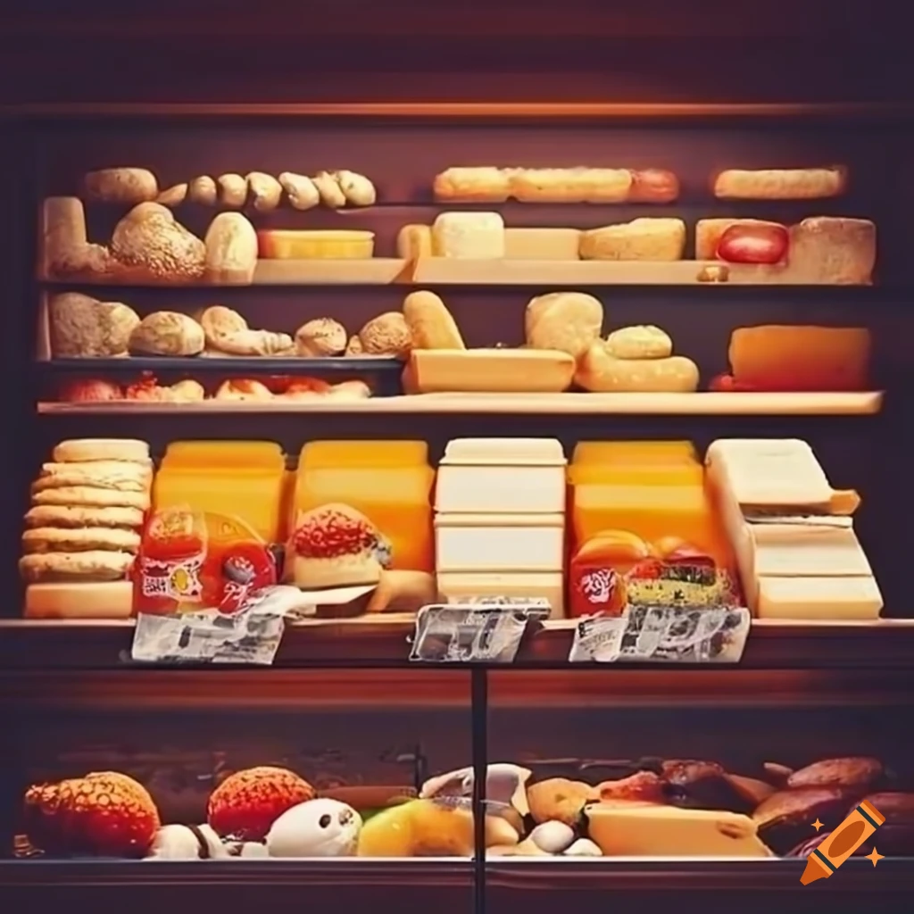 Variety of foods in a shop window on Craiyon