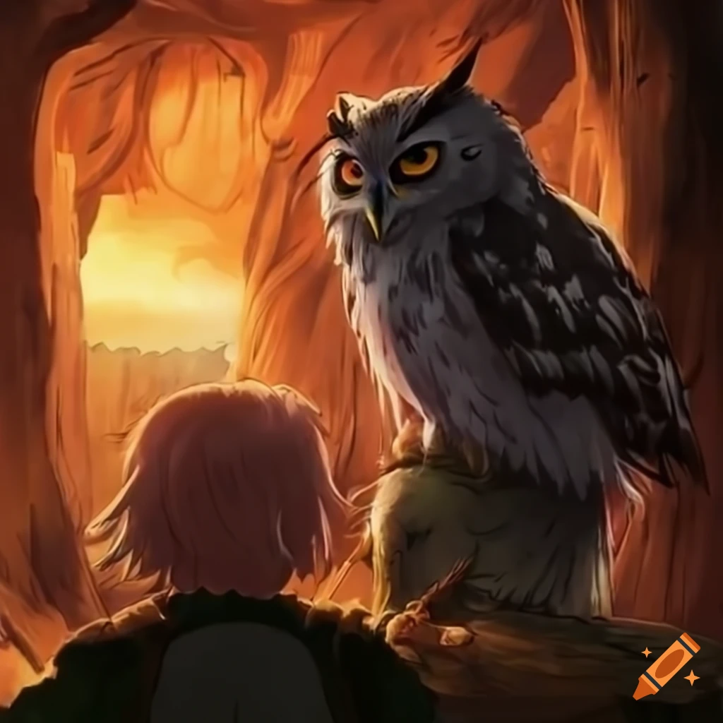 Red-haired hobbit talking to an eagle owl on Craiyon