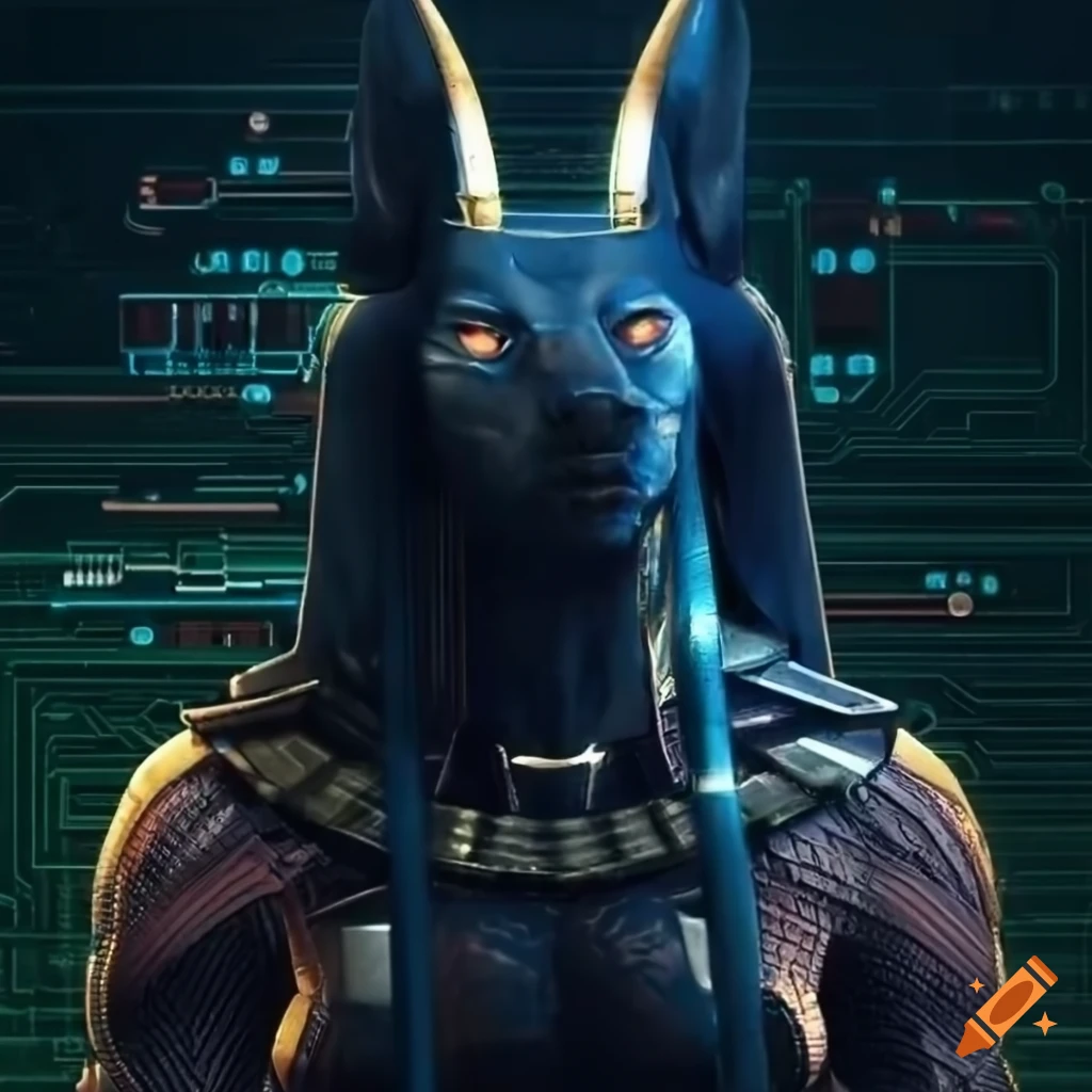 Anubis with futuristic cyborg features at temple ruins on Craiyon