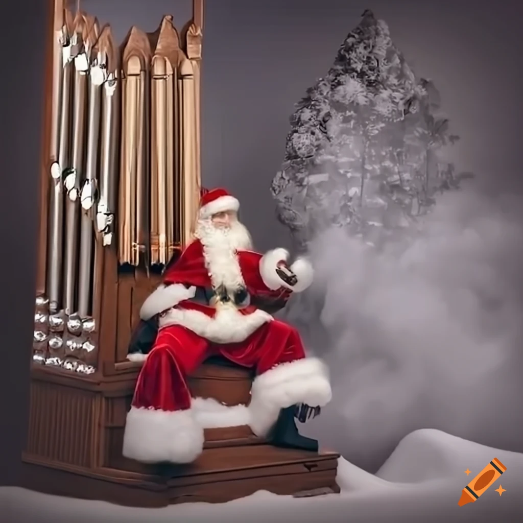 Detailed depiction of santa claus playing a chocolate pipe organ on Craiyon