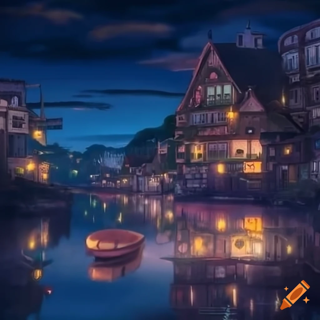 Night view of a picturesque studio ghibli port town on Craiyon