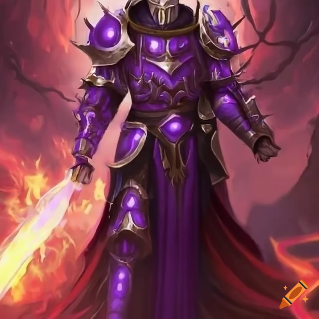 Image of a paladin with a purple shield and fiery sword