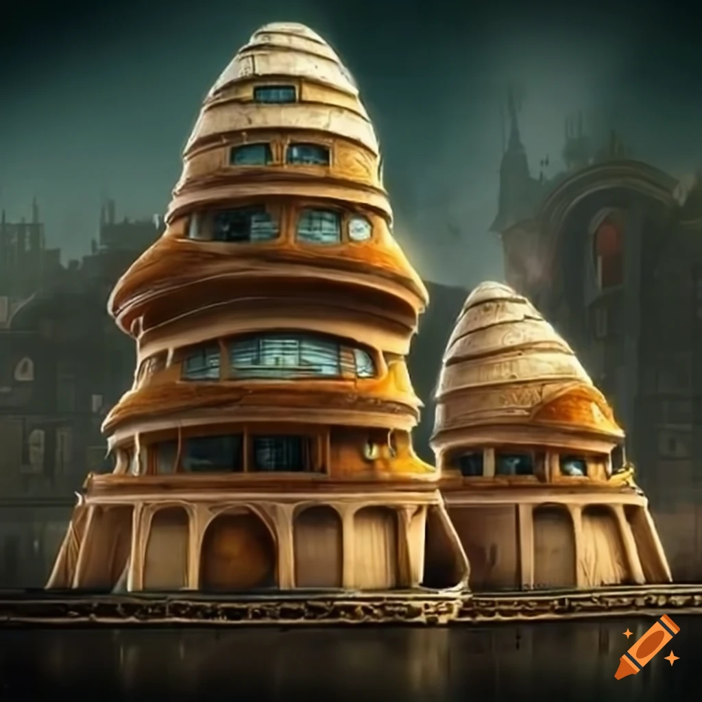 Steampunk-inspired building in the shape of a beehive on Craiyon