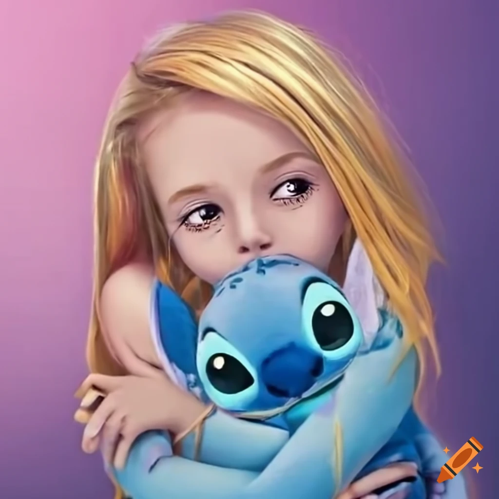 Stitch hugging a blonde girl