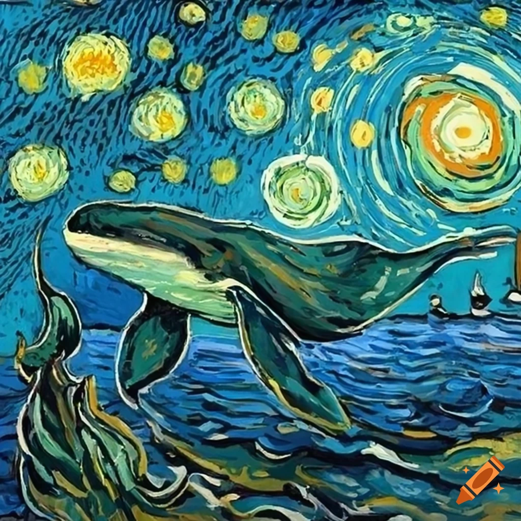 Whale swimming through city streets at night in dramatic van gogh style on Craiyon