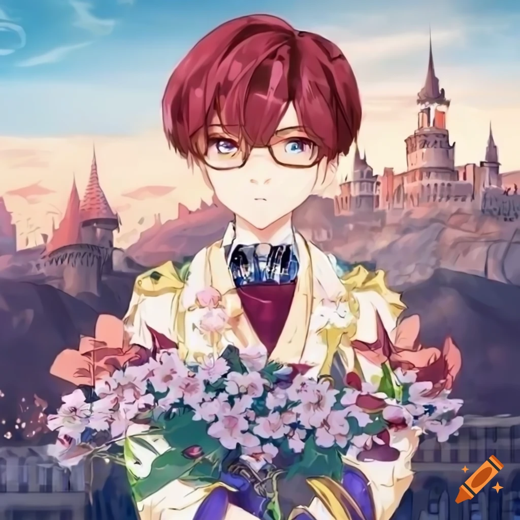 Anime boy with glasses in a castle holding a bouquet of flowers on Craiyon
