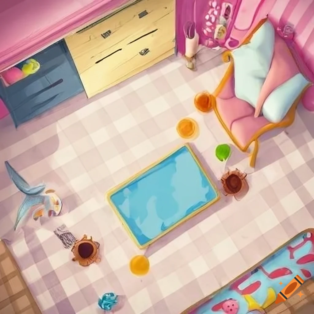 Top view of a neatly organized child's bedroom floor on Craiyon