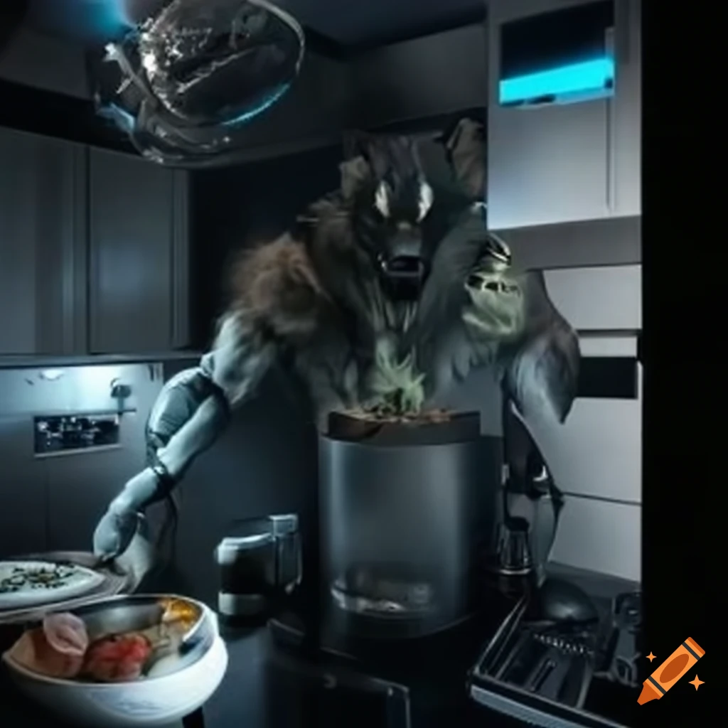 Cyber wolf warrior cooking feast in futuristic kitchen on Craiyon
