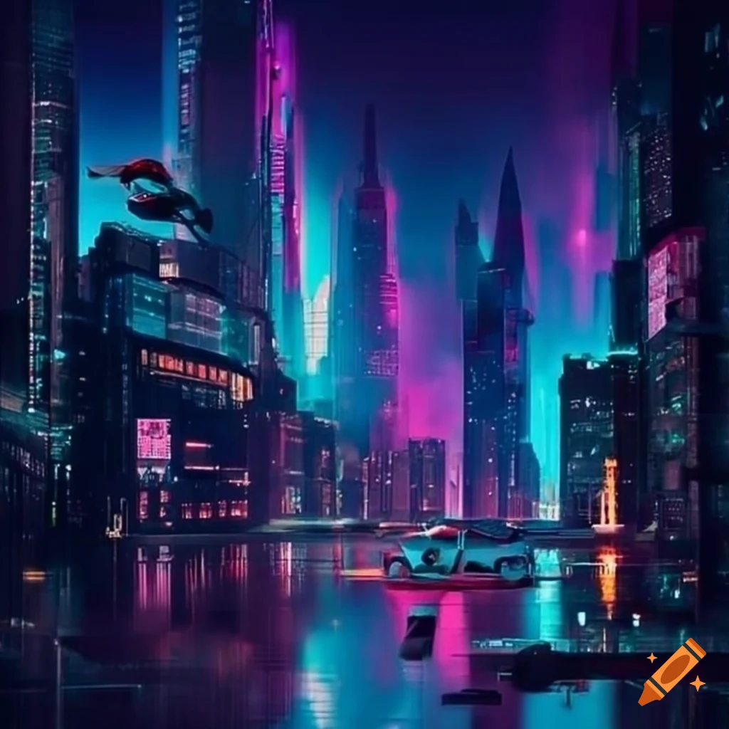 Futuristic city with robots, flying cars, and neon signs on Craiyon