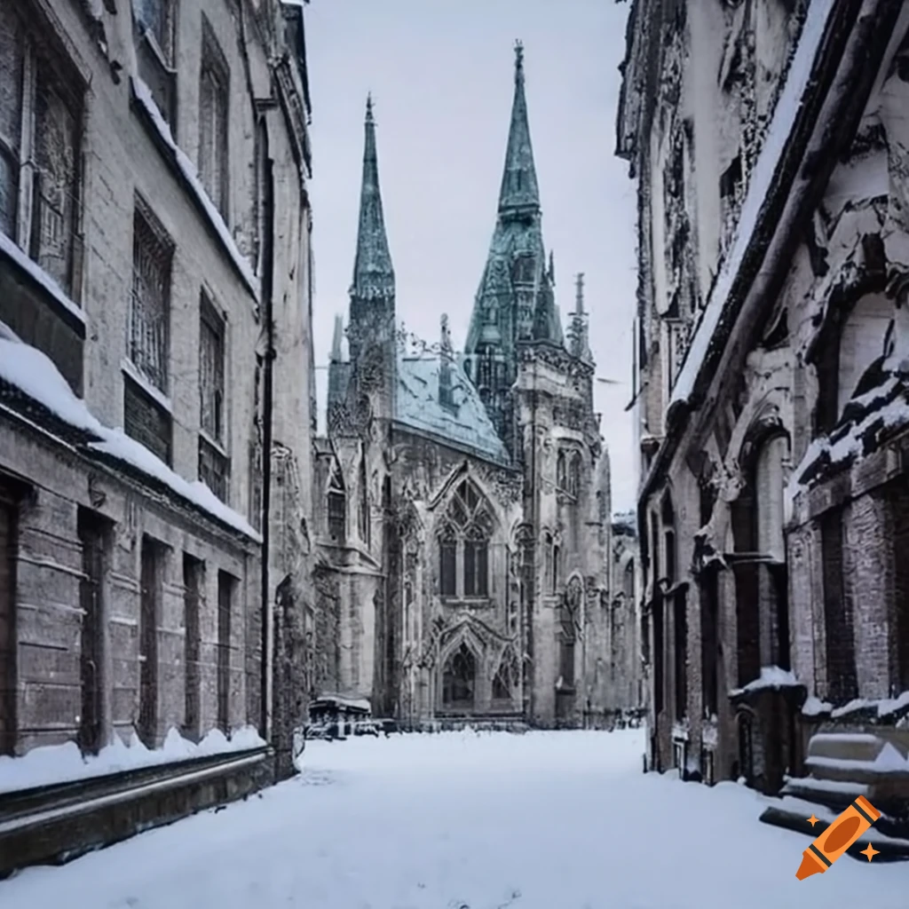 Snowy gothic architecture in a mysterious city on Craiyon