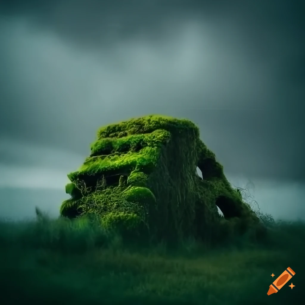 Moss-covered building in the shape of a Hive on Craiyon