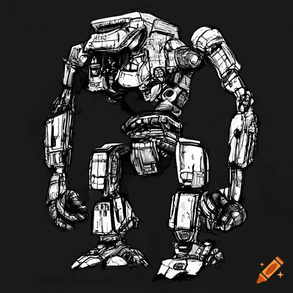 Black and white art of a scrap-metal quadrupedal mech on Craiyon