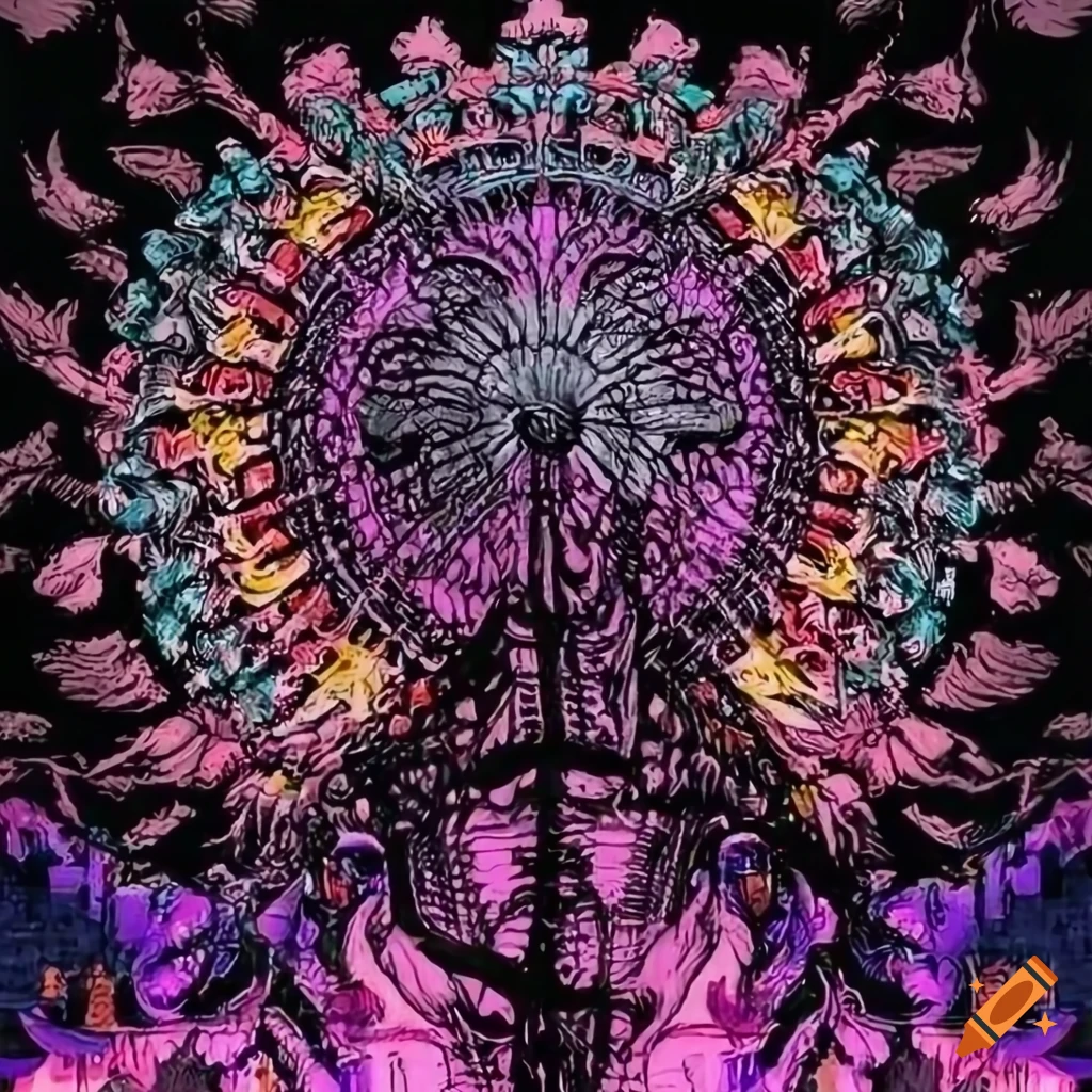 Intricate mural depicting a bizarre fantasy world on Craiyon