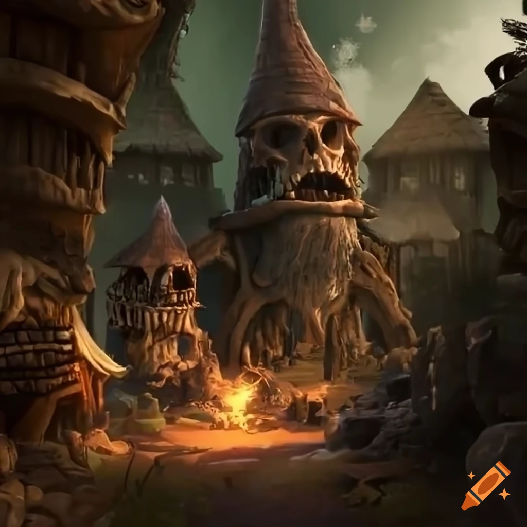 Fantasy village inside a monster skull on Craiyon