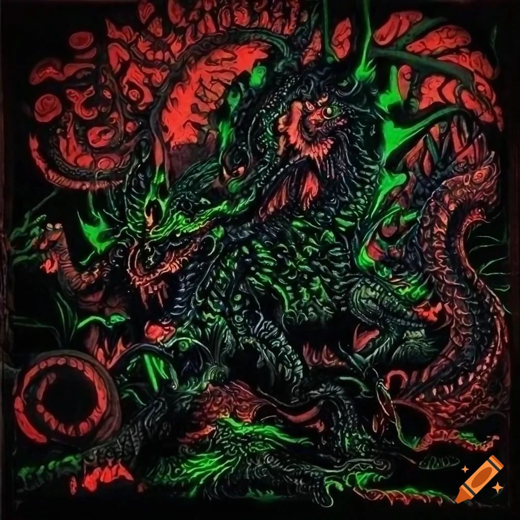 Intricate gothic mural featuring a black dragon on Craiyon