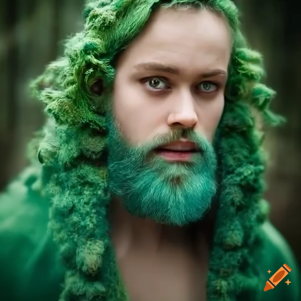 Portrait of a man with green skin and moss beard in the forest on Craiyon