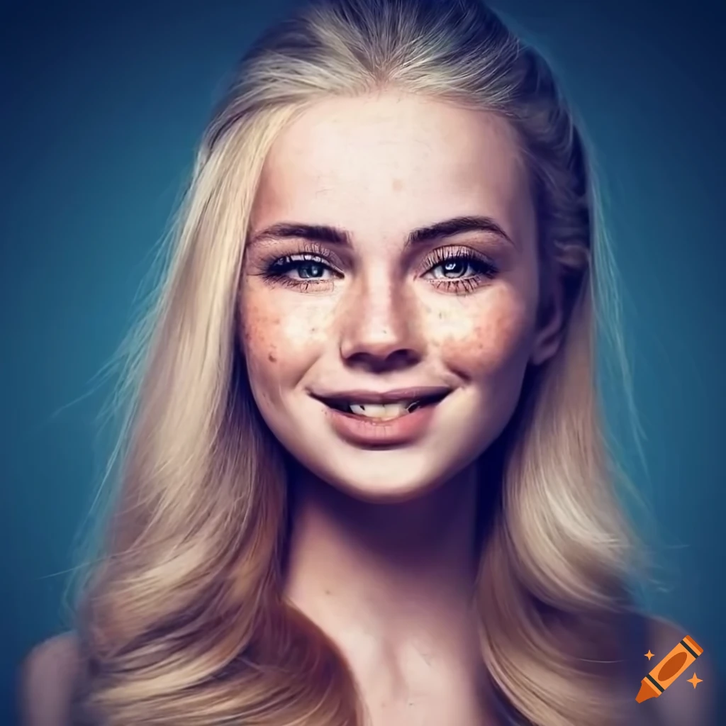 Beautiful young woman delicate freckles radiant smile dark blonde hair ...
