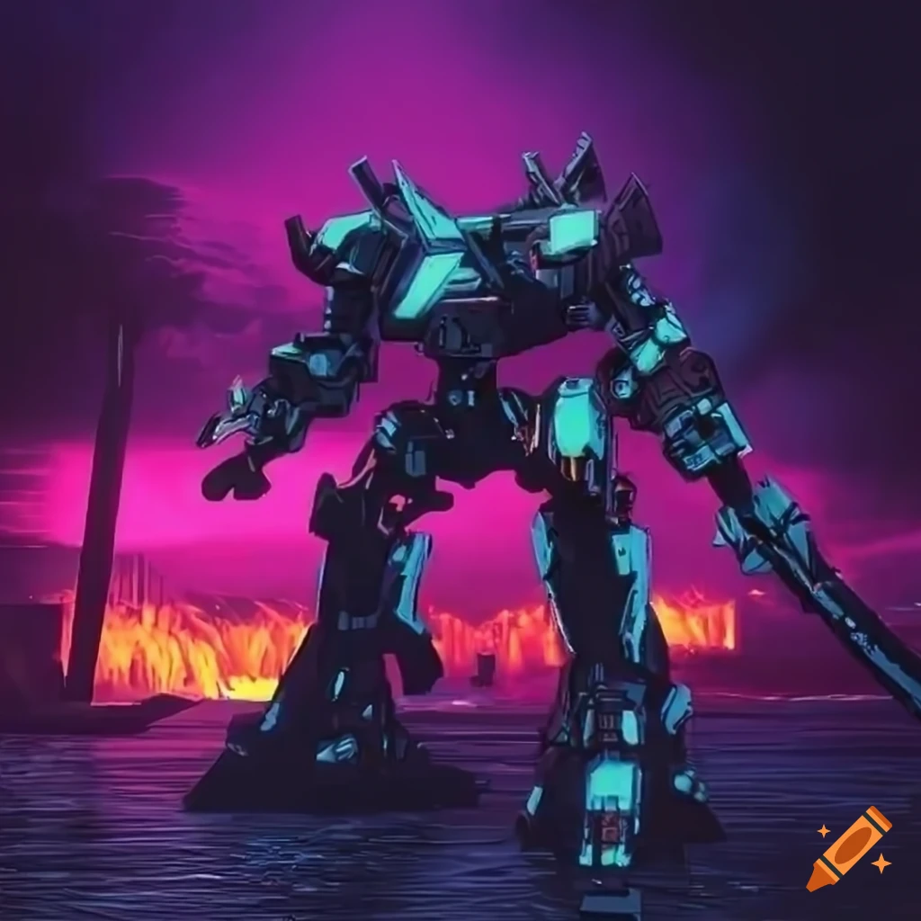 Synthwave themed armored core artwork on Craiyon