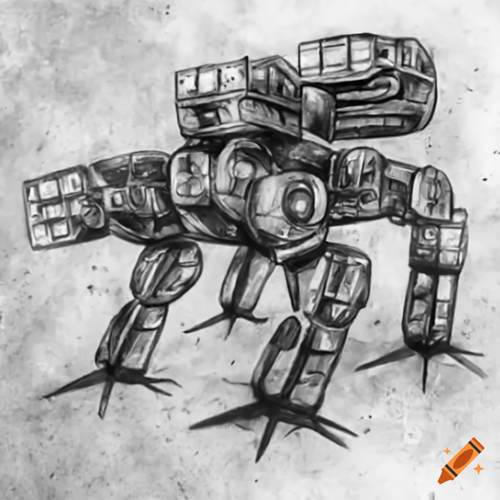 Gritty monochrome illustration of a rampaging mech in a town on Craiyon