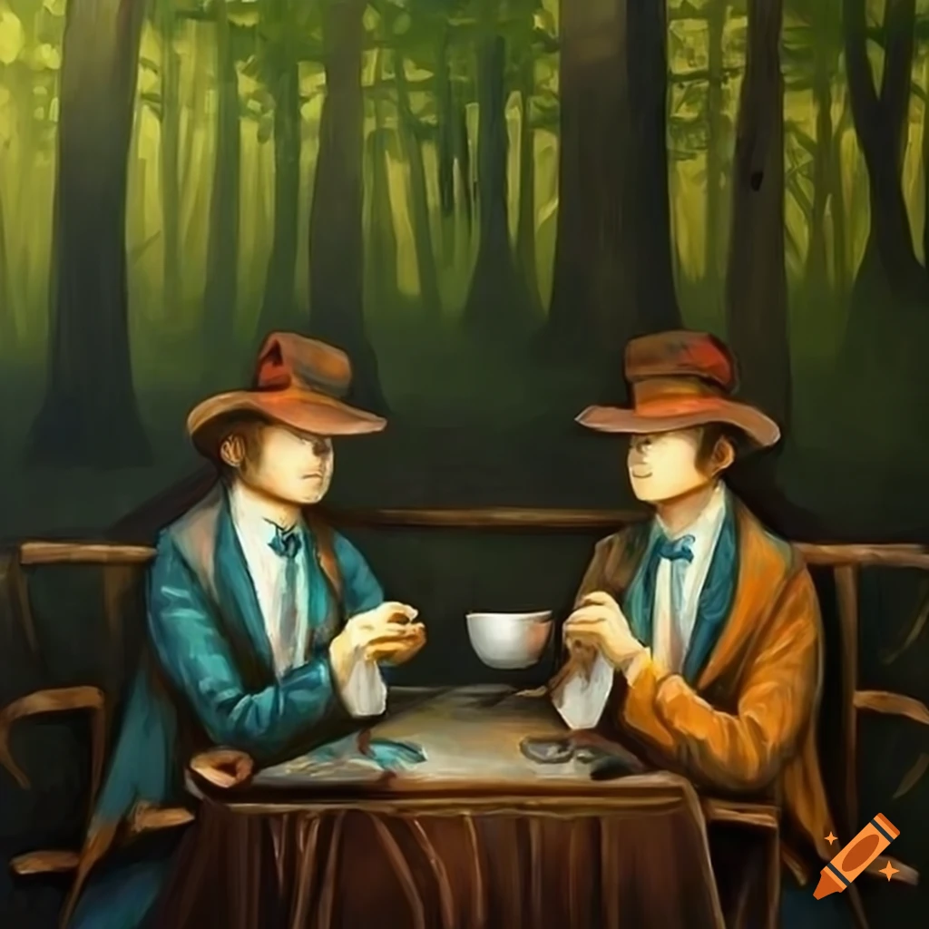 Surrealist painting of two men having tea in mystical forest on Craiyon