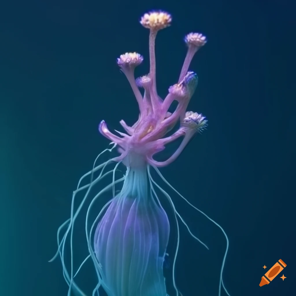 Alien flower sea creature in dark blue background on Craiyon
