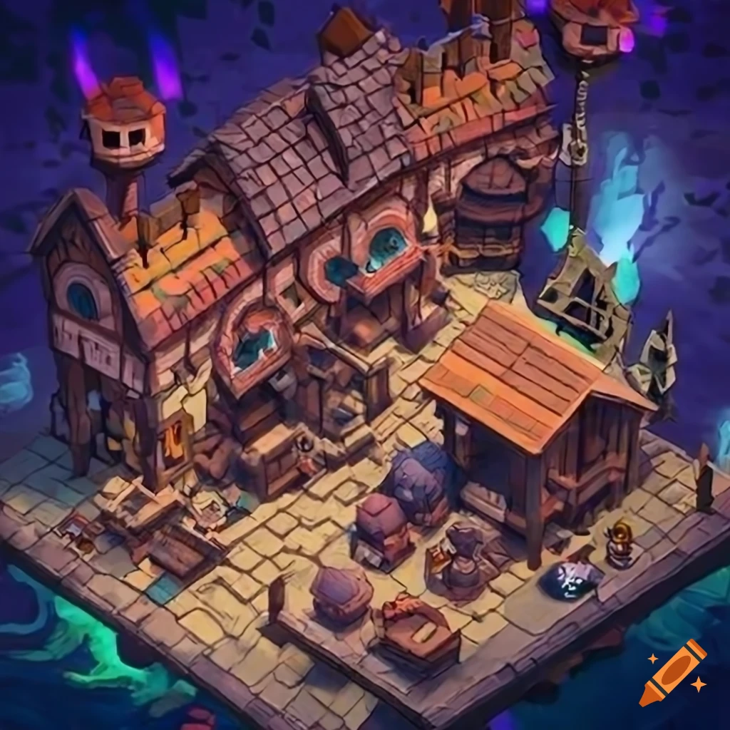 Detailed isometric RPG map with village, market, and tavern on Craiyon