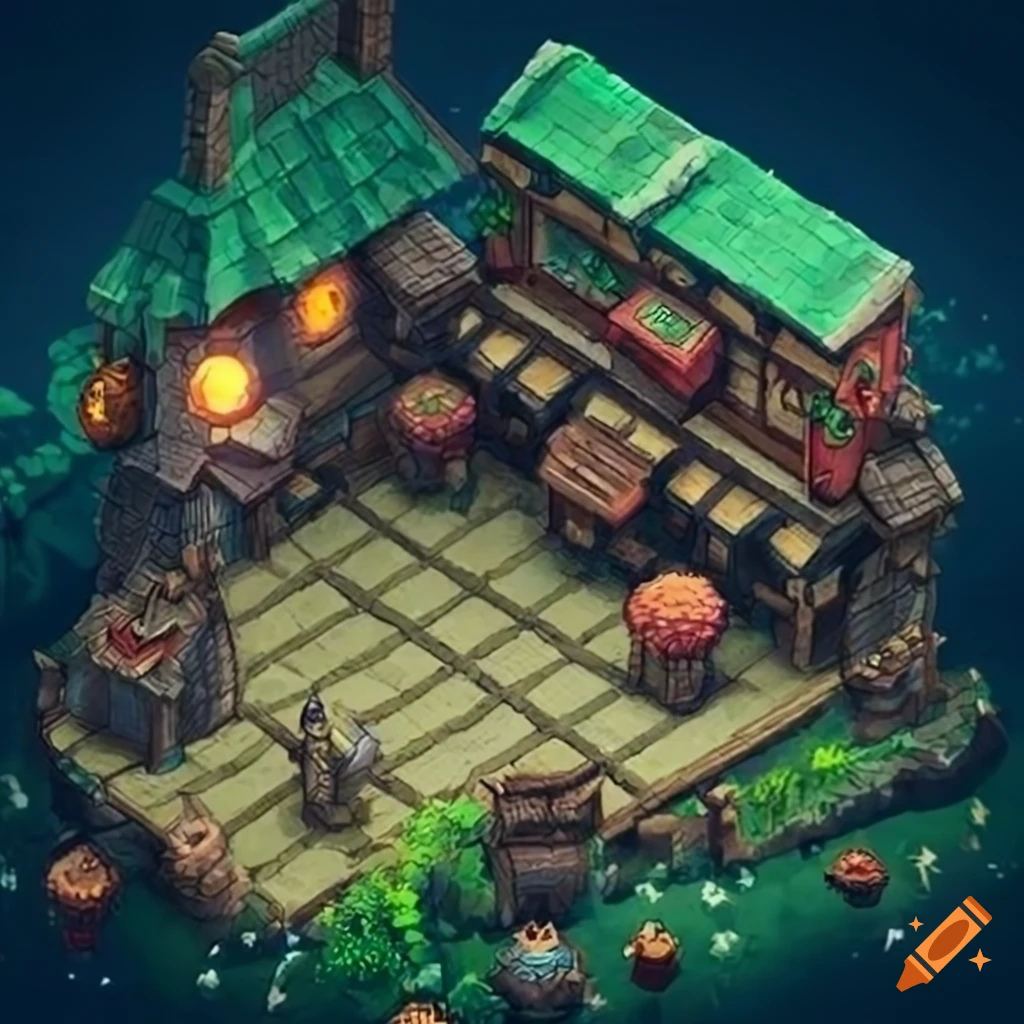 Detailed isometric rpg map with village, market, and tavern on Craiyon