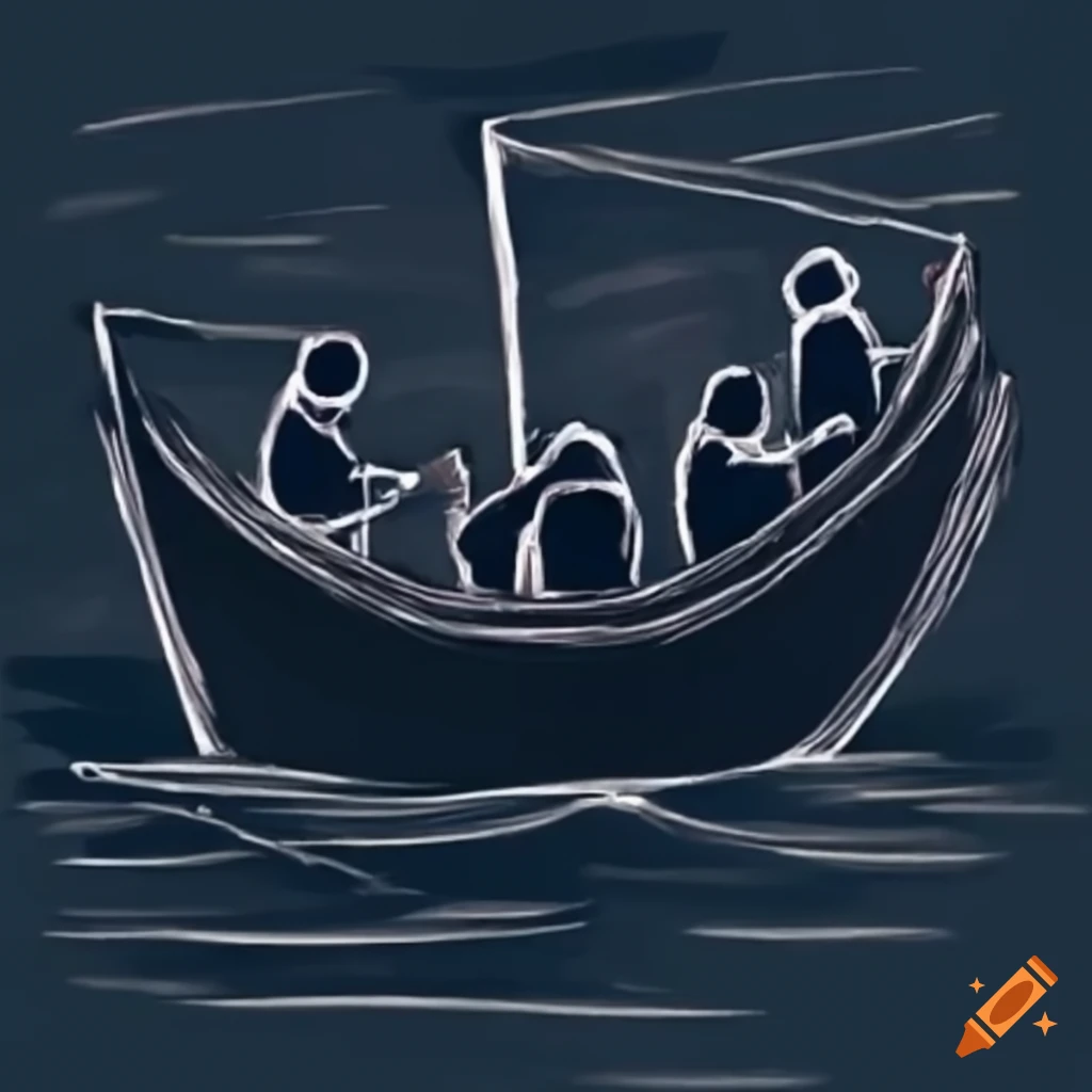 Sketch of migrants in a boat on Craiyon