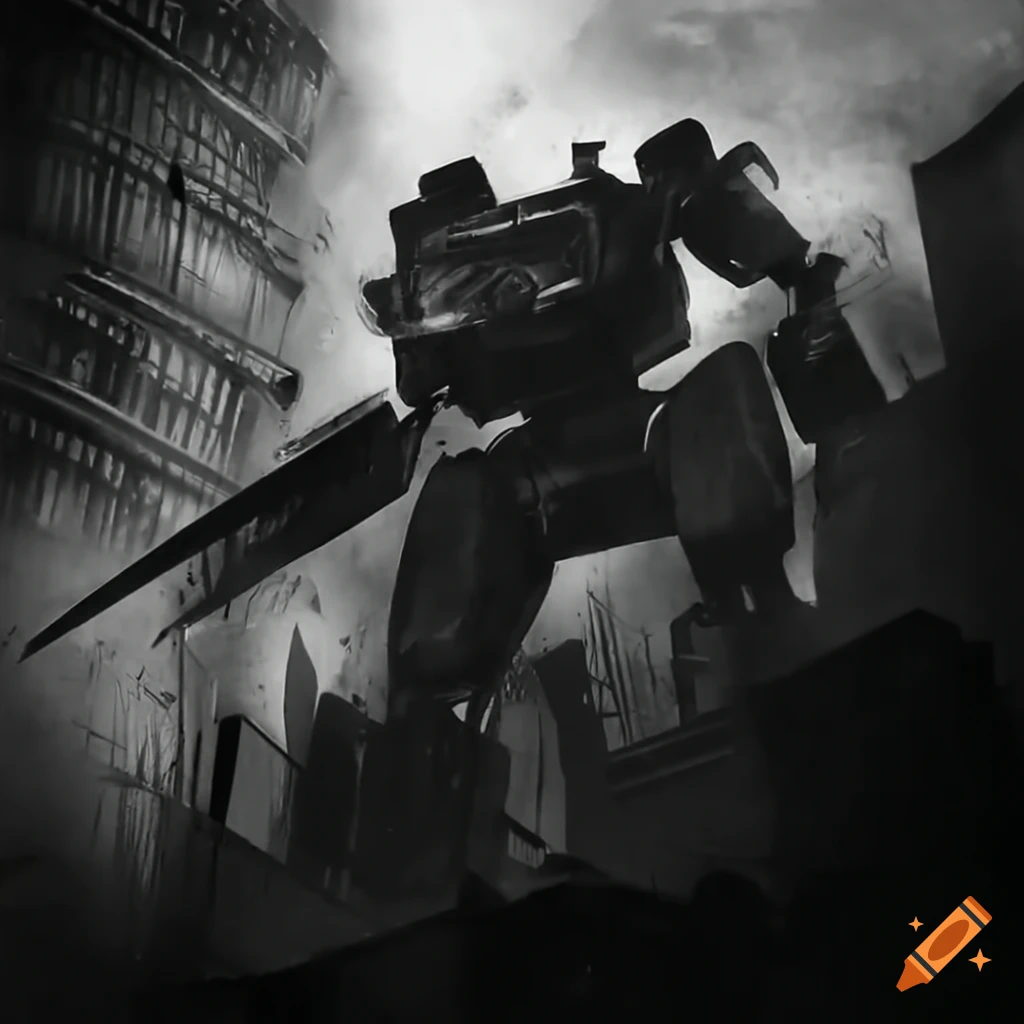 Digital art of a destructive mech in a city on Craiyon