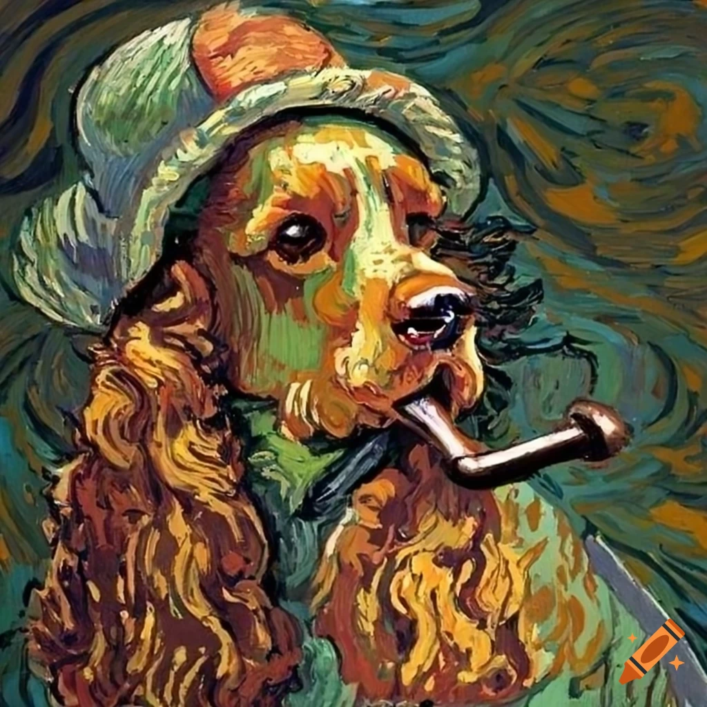 Van gogh style illustration of a cocker spaniel wearing a bonnet
