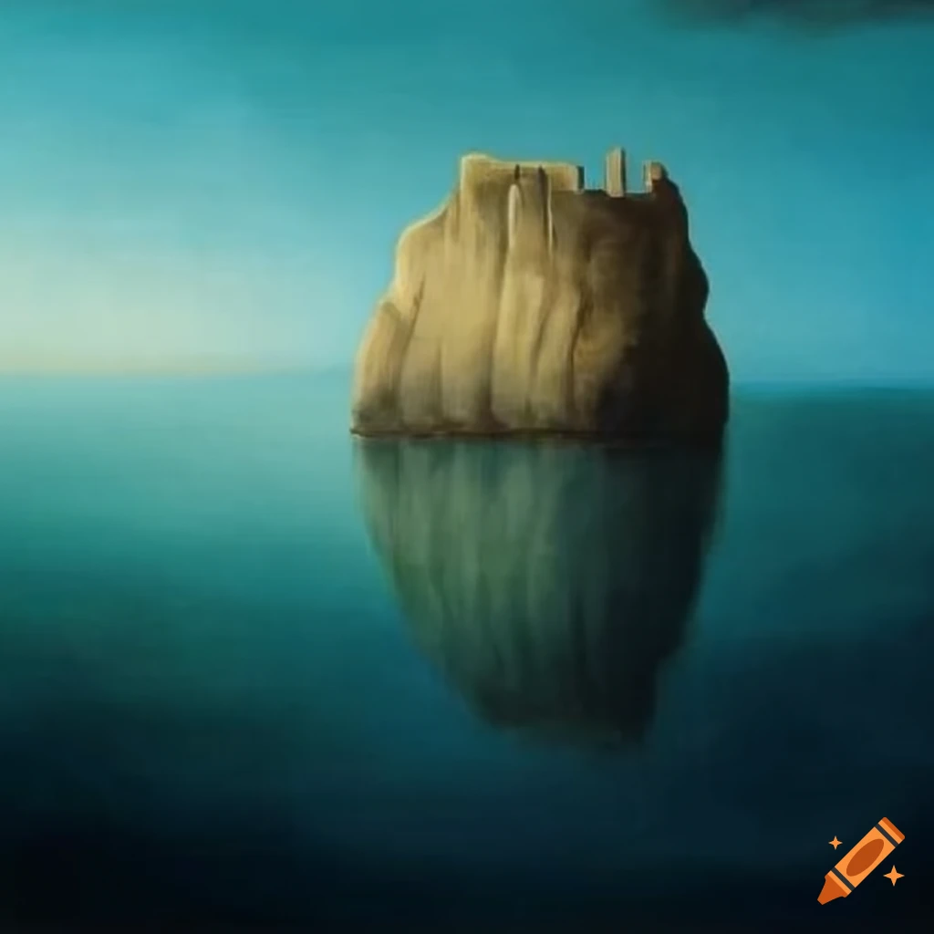 Surreal painting of a floating rock with a castle on Craiyon