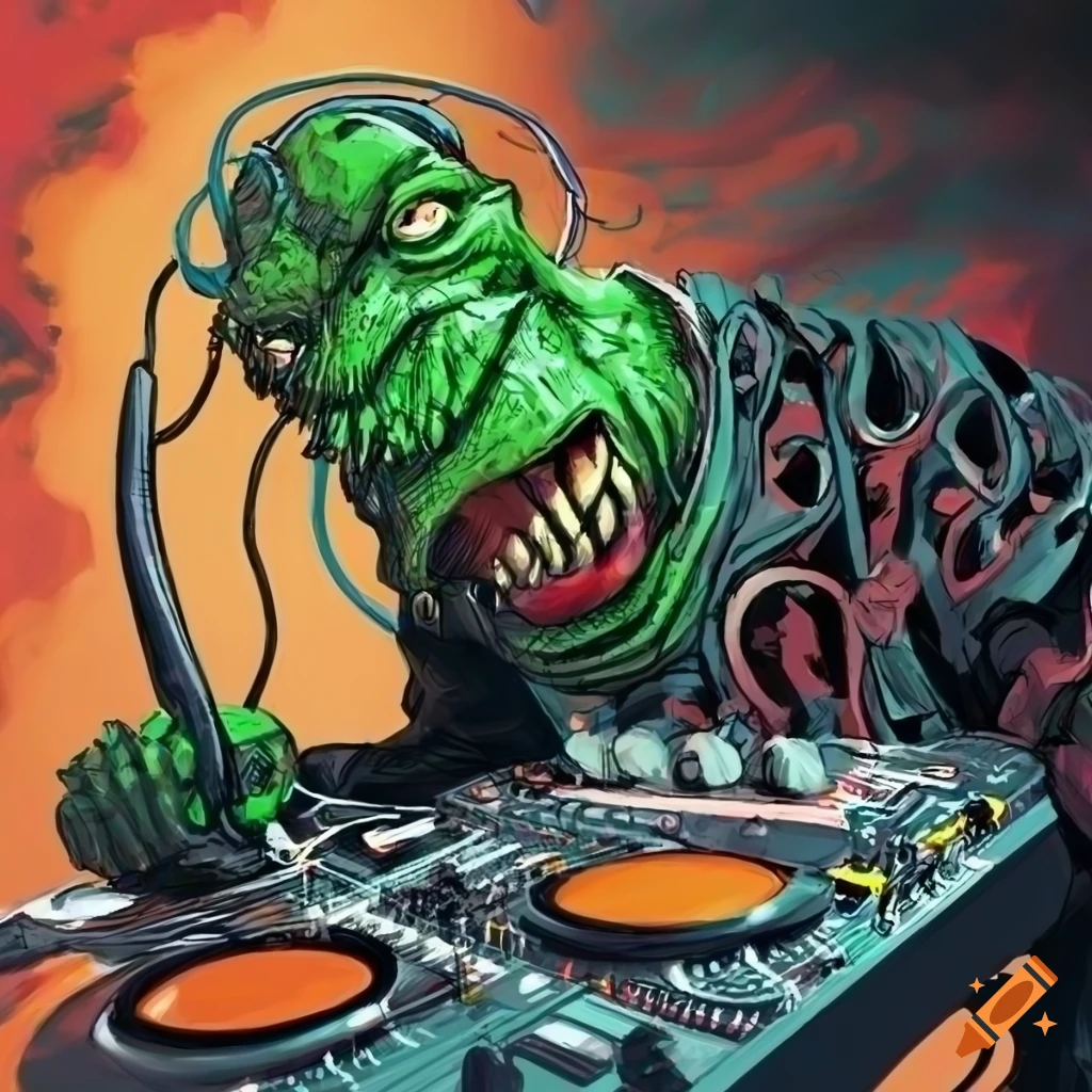 Simon bisley-style artwork of a lizard dj on Craiyon