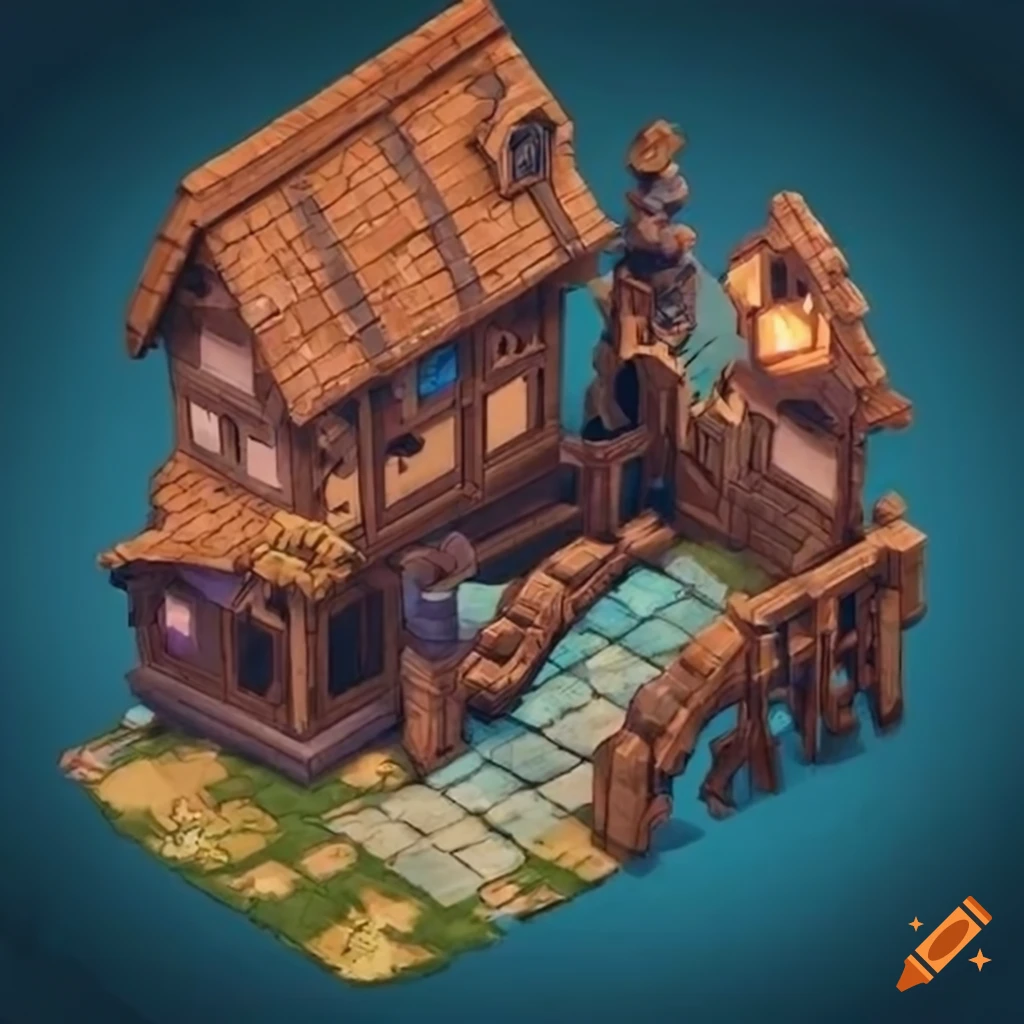 Isometric fantasy rpg map with medieval village and town