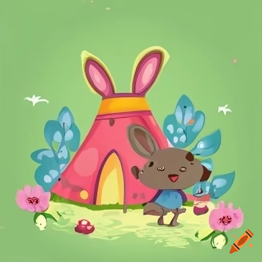 Colorful illustration of a mouse and a rabbit camping in a flowery ...