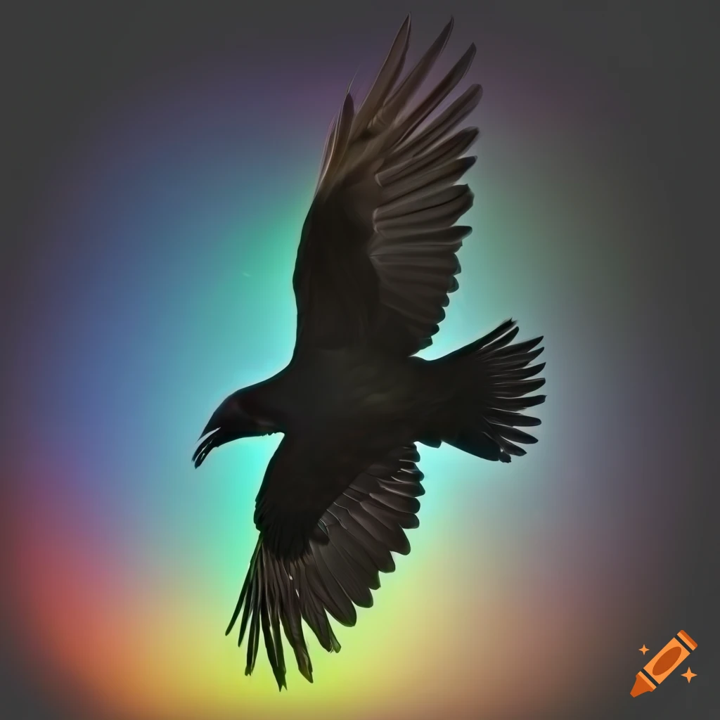 Colorful raven flying in front of a rainbow on Craiyon