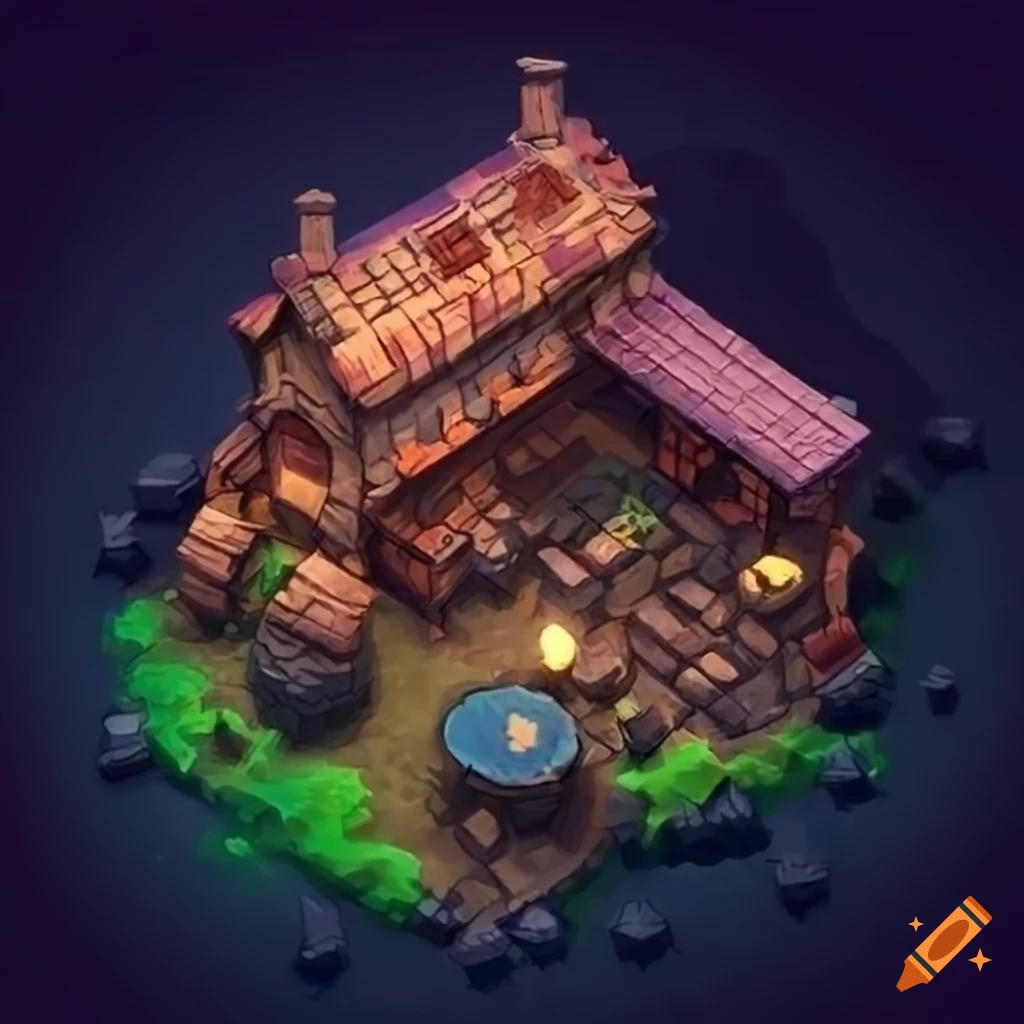 Detailed isometric rpg map with village, market, and tavern