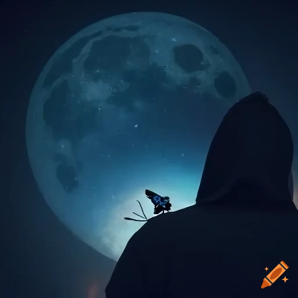 Blue moon butterfly on a rock with a full moon in the background