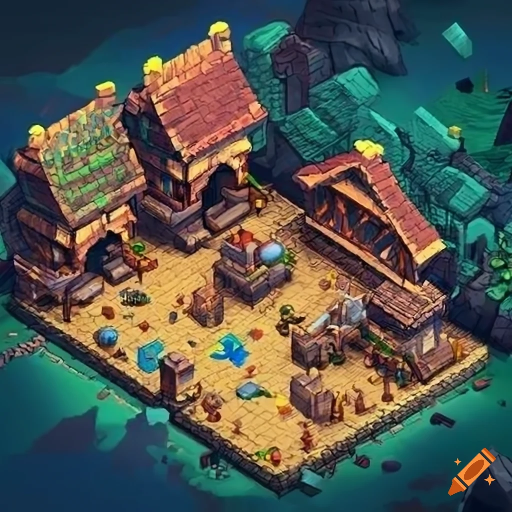 Detailed isometric rpg map with village, market, and tavern on Craiyon