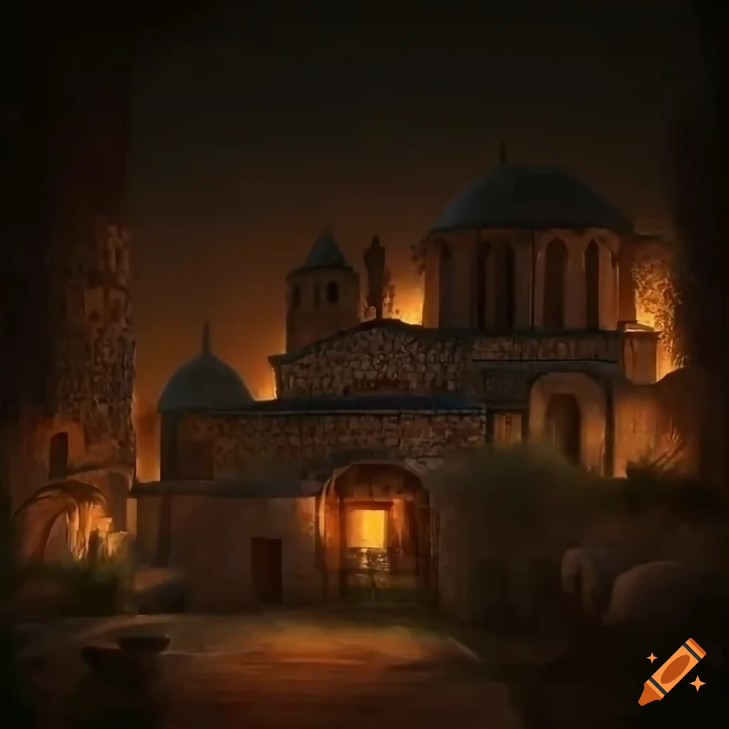 Night view of a byzantine village in a cypress forest on Craiyon