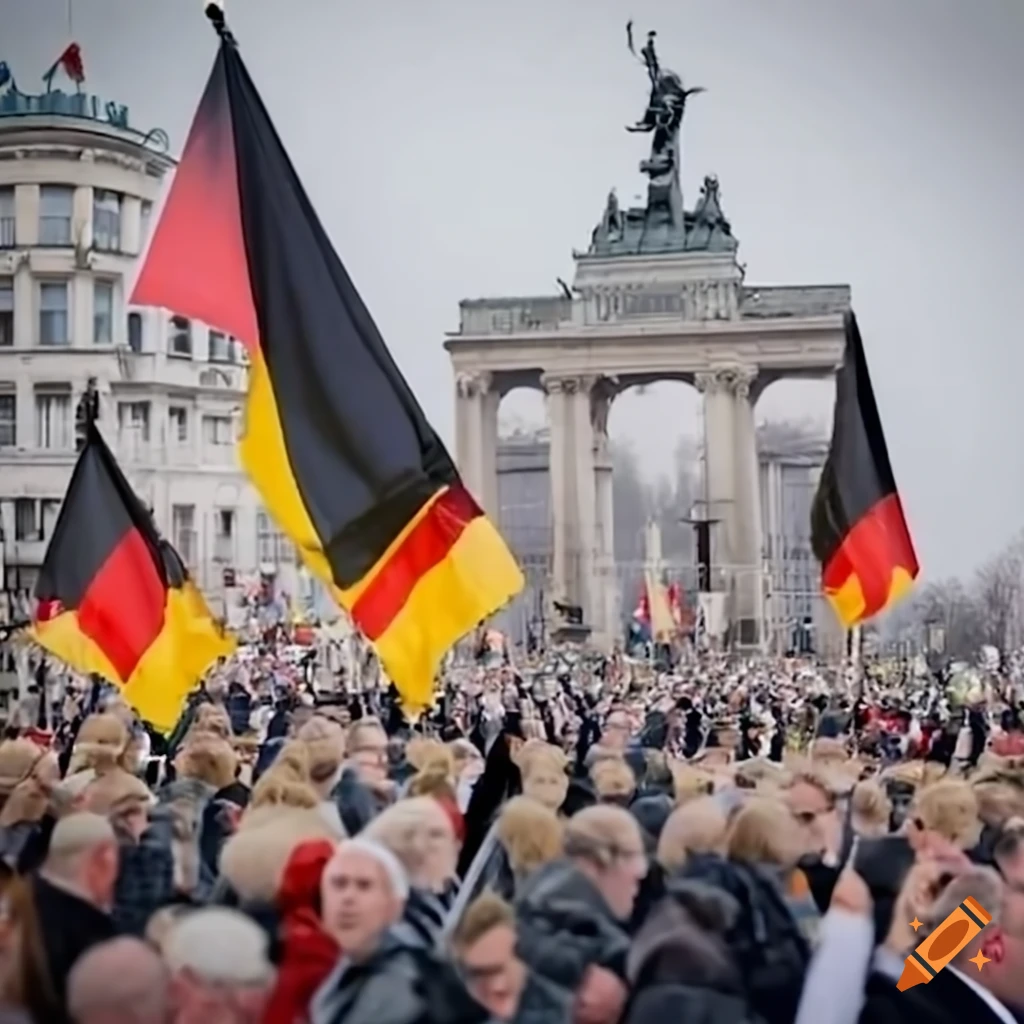 People waving german flags during a military parade on Craiyon