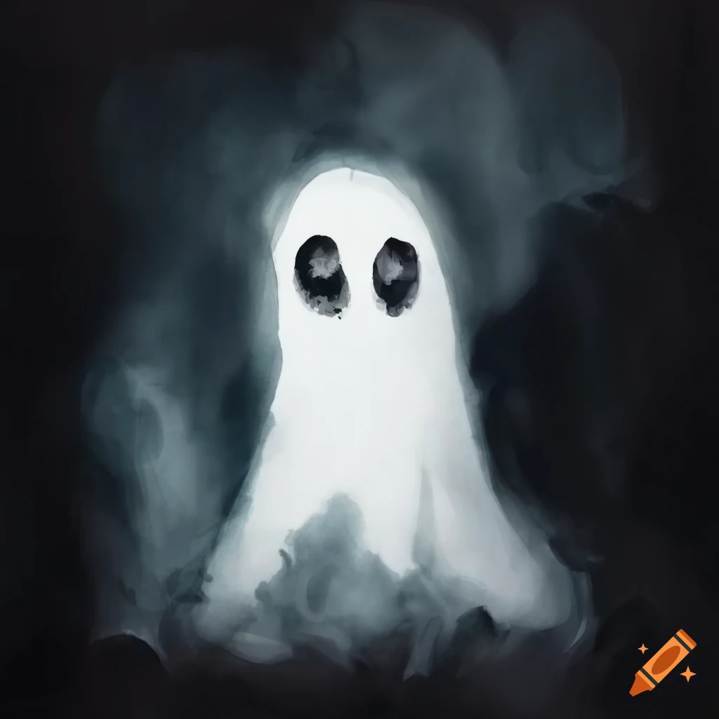 Watercolor of a sad ghost in a smoky field